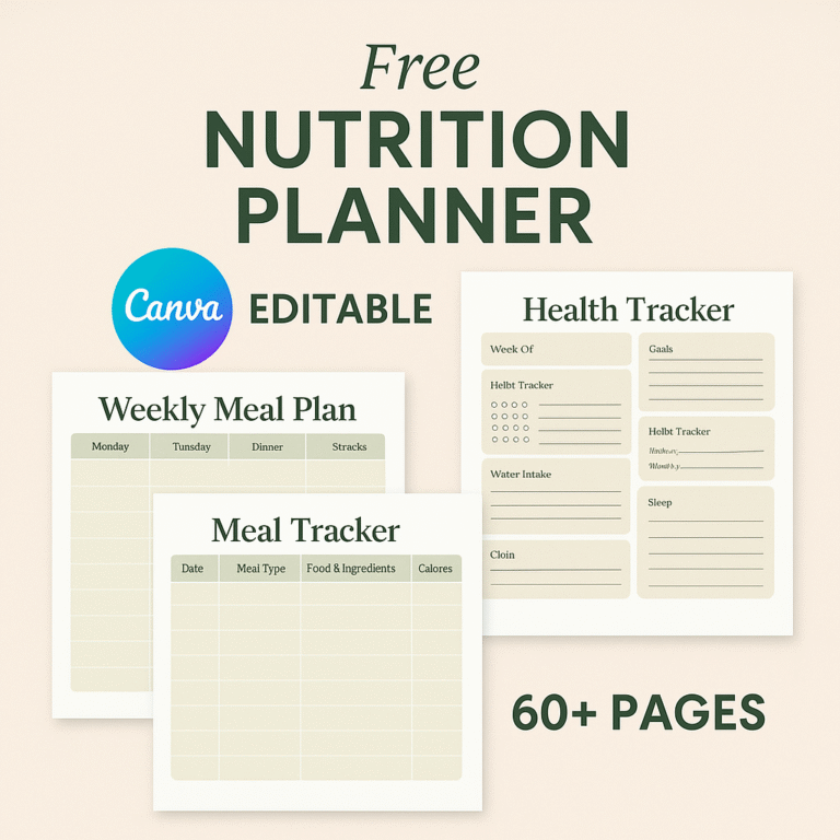 Free Nutrition Planner 60+ Pages – Canva Editable Meal & Health Tracker ...